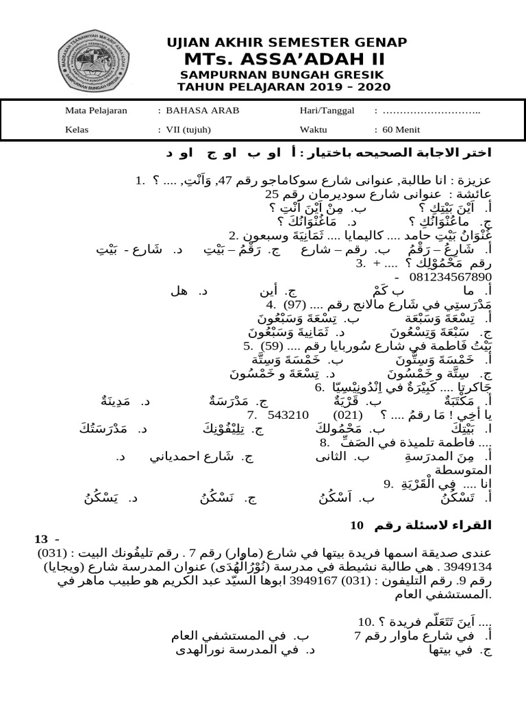 SOAL B.ARAB UAS GENAP BHS ARAB 2019-2020 | PDF