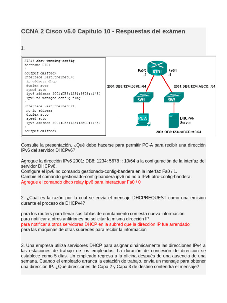 Examen Capitulo 10 CCNA CISCO 2 | PDF | Dirección IP | Enrutador (Computación)
