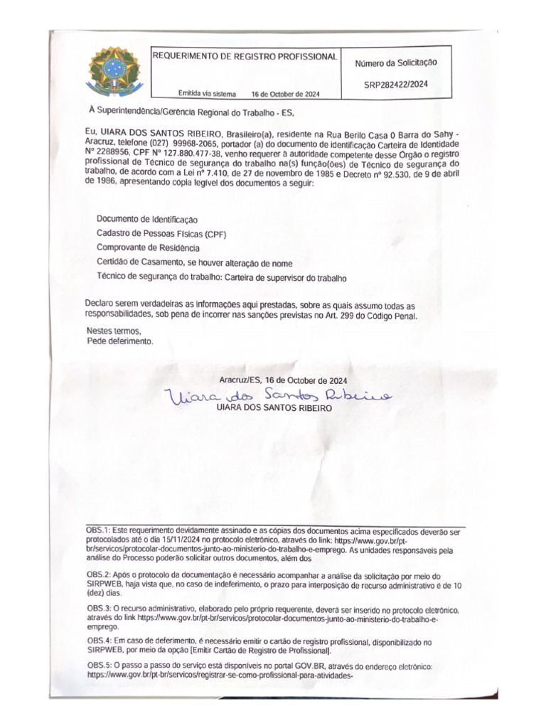 Requerimento de Registro Profissional | PDF