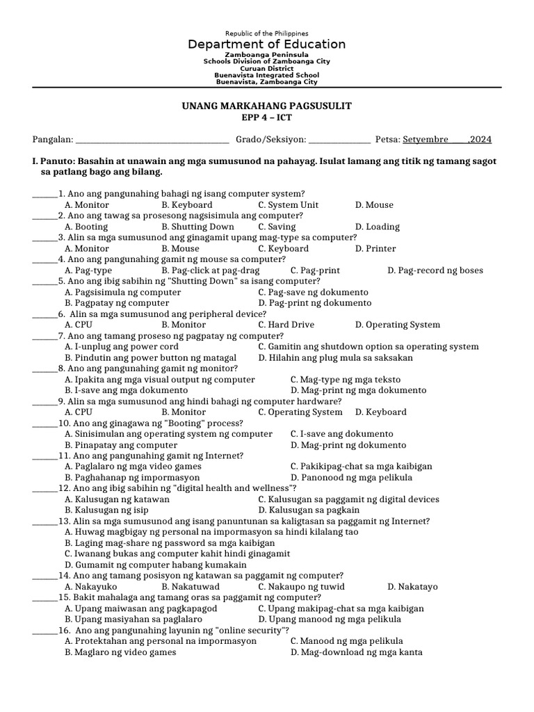 1ST Quarter Test-Epp4 | PDF