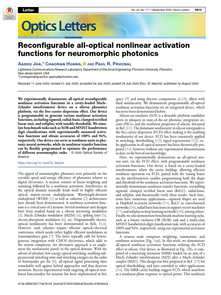 Ol Reconfigurable All Optical Nonlinear Activation Functions For Neuromorphic Photonics Pdf