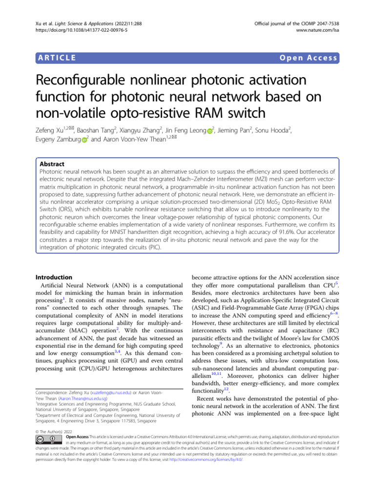 Reconfigurable Nonlinear Photonic Activation Function For Photonic Neural Network Based On Non ...