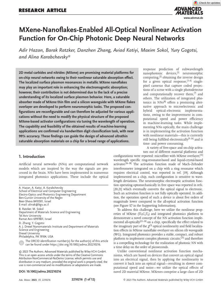Advanced Materials - 2023 - Hazan - MXene Nanoflakes Enabled All Optical Nonlinear Activation ...