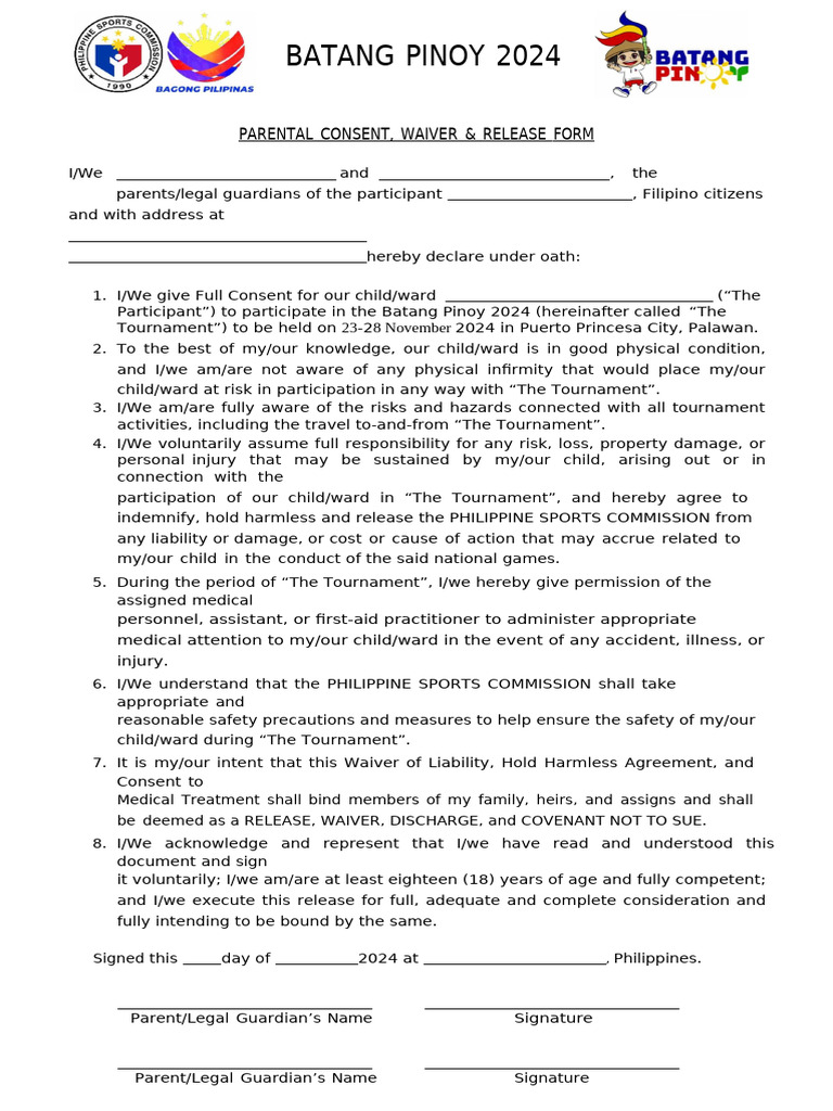 Parental Consent for Batang Pinoy | PDF | Legal Guardian | Indemnity