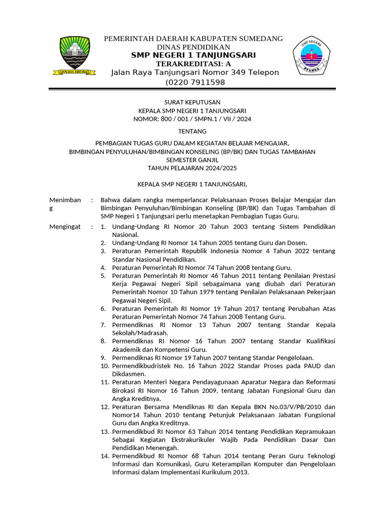 2.a SK Pembagian Tugas Guru Ganjil THN 2024-2025 | PDF