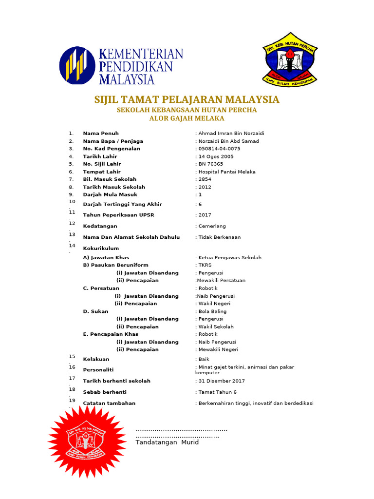 Sijil Tamat Pelajaran Malaysia Berhenti | PDF