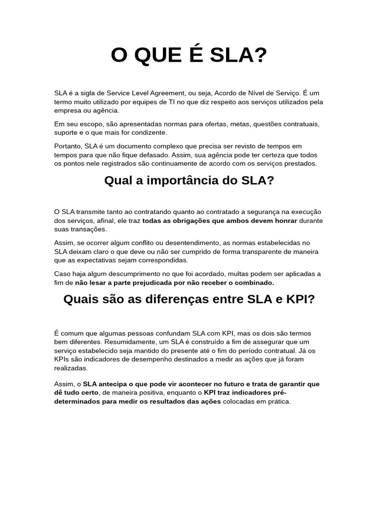 O QUE É SLA | PDF | Acordo de Nível de Serviço (SLA)