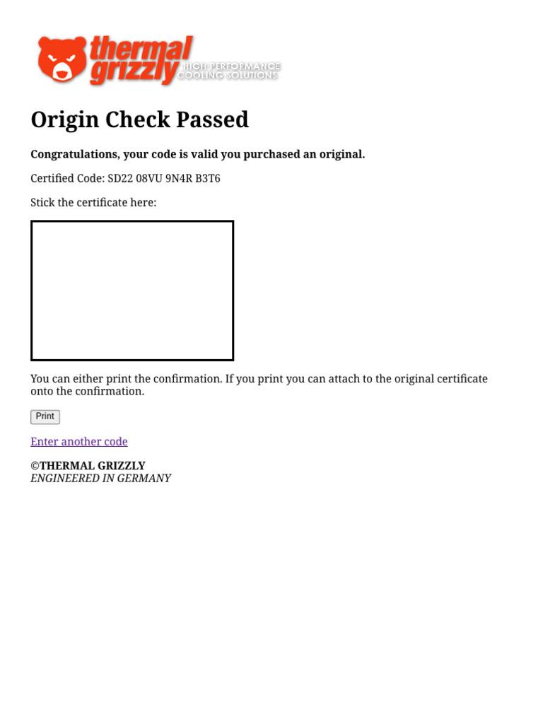 Thermal Grizzly Code Validation | PDF