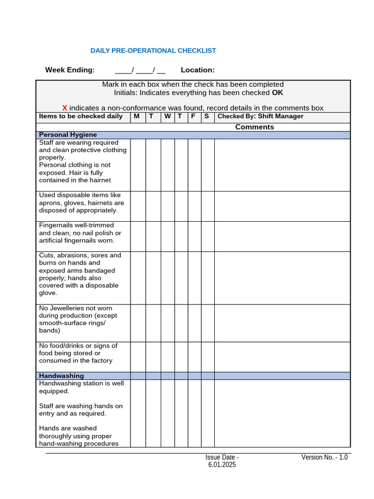 Form Daily Pre-Operational Checklist SCR | PDF | Hand Washing | Clothing
