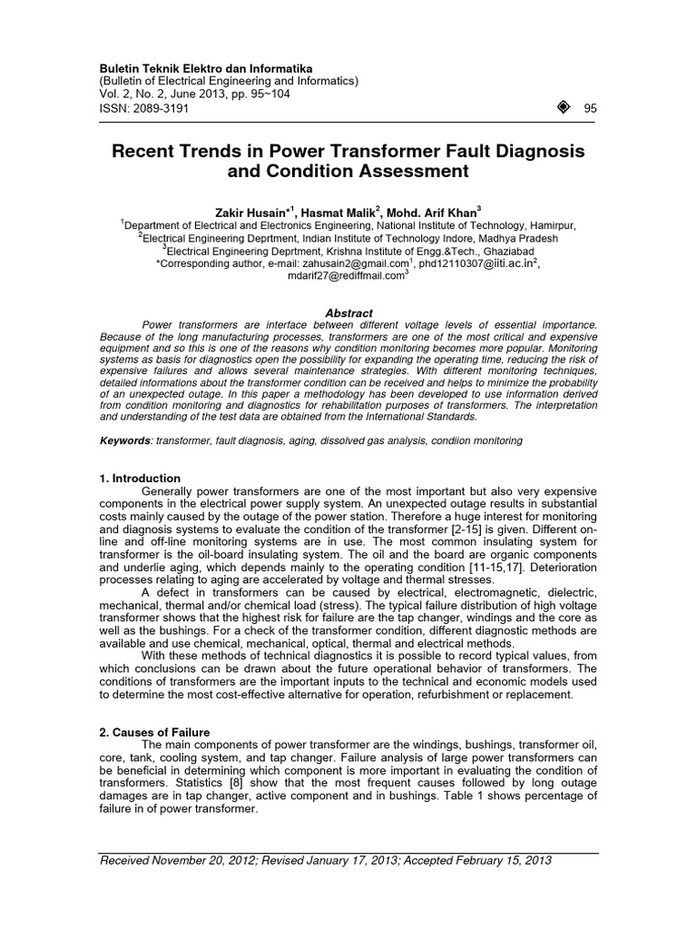 2013 Recent Trends In Power Transformer Fault Diagnosis And Condition