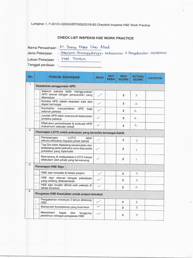 Checklst Inspeksi | PDF
