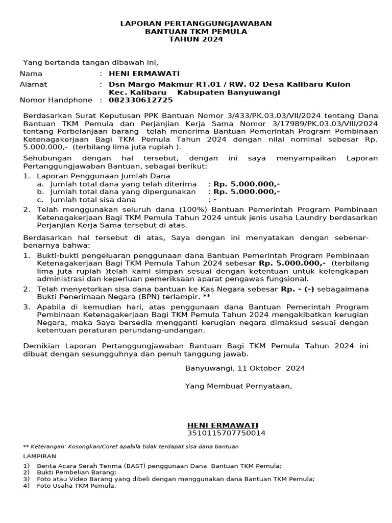 Format LPJ TKM Pemula Tahun 2024 | PDF