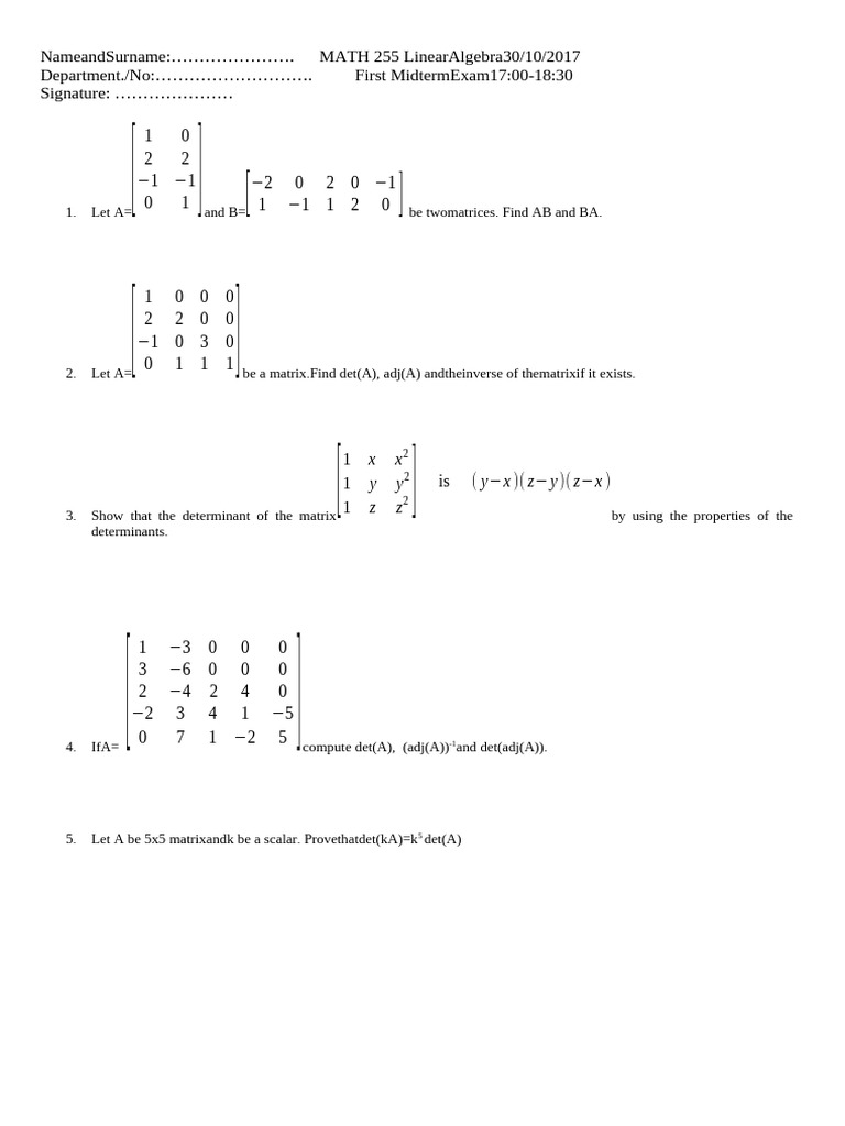 Linear Algebra Midterm Exam | PDF