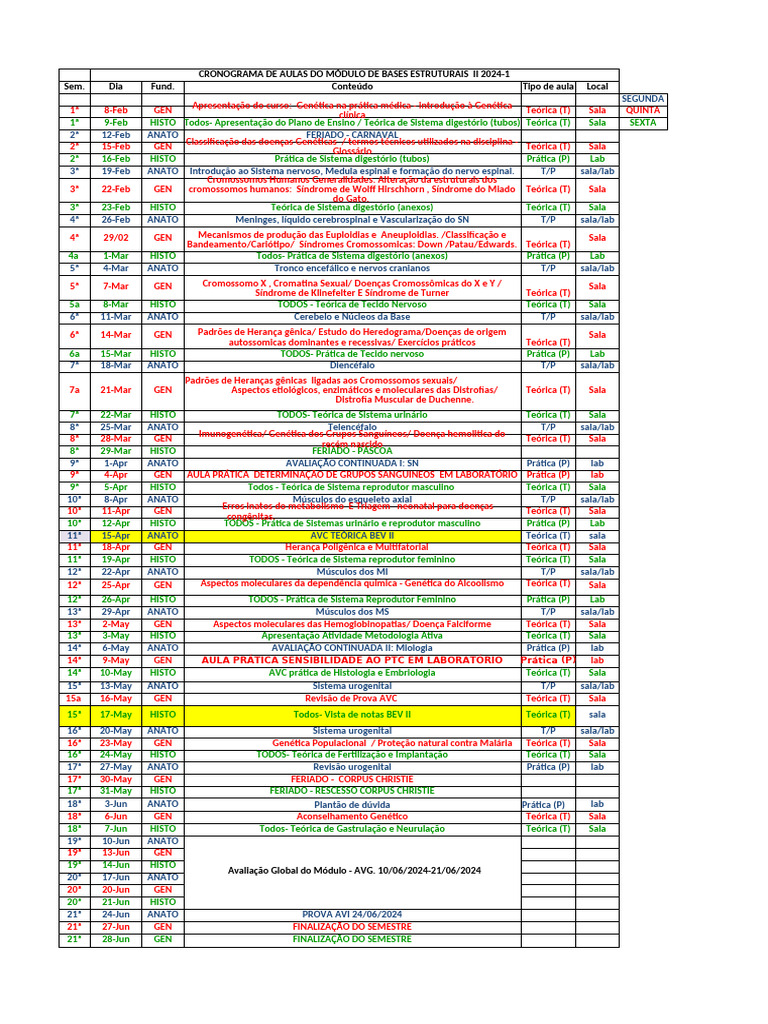 Cronograma BEV II - Turma 2D 2024-1-1 | PDF | Genética | Anatomia