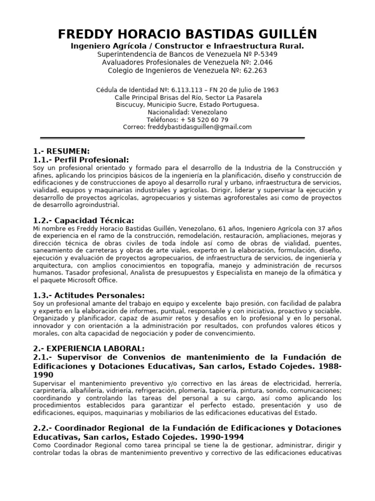 CV Ingeniero Freddy Horacio Bastidas Guillén 2025 | PDF | Presupuesto | Agricultura