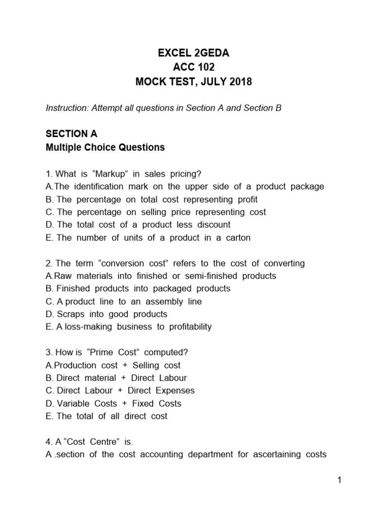 Acc 102 Mock Test 2 Pdf Inventory Cost