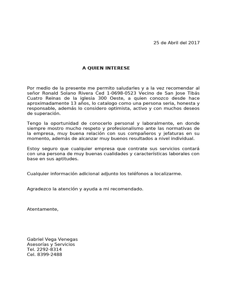 Carta de Recomendacion Ronald Solano | PDF