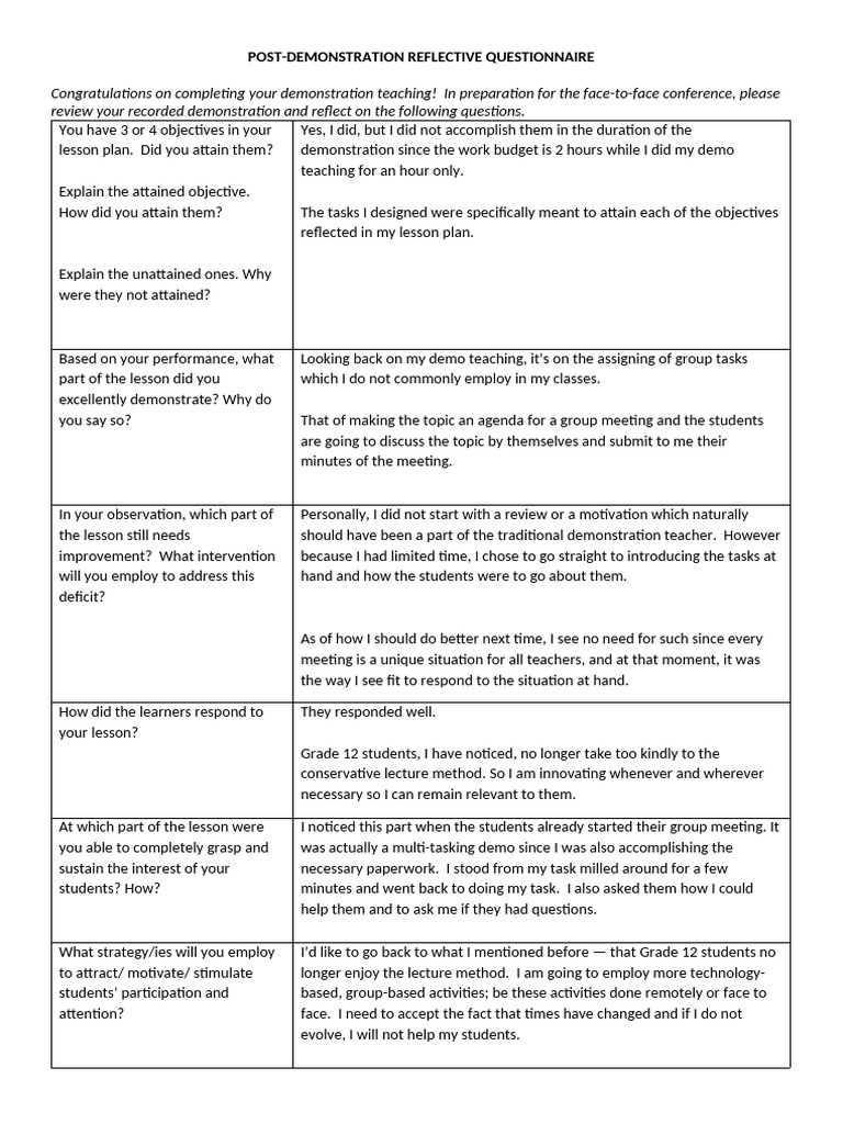 First Post-Demonstration Questionnaire Final | PDF | Lesson Plan | Lecture