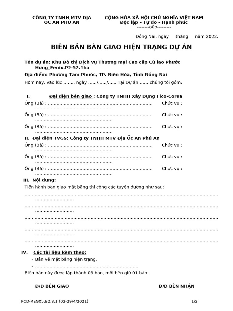 Bien Ban Ban Giao Hien Trang Du An 120211115 - Pcd-Reg05.b2.3.1 | PDF
