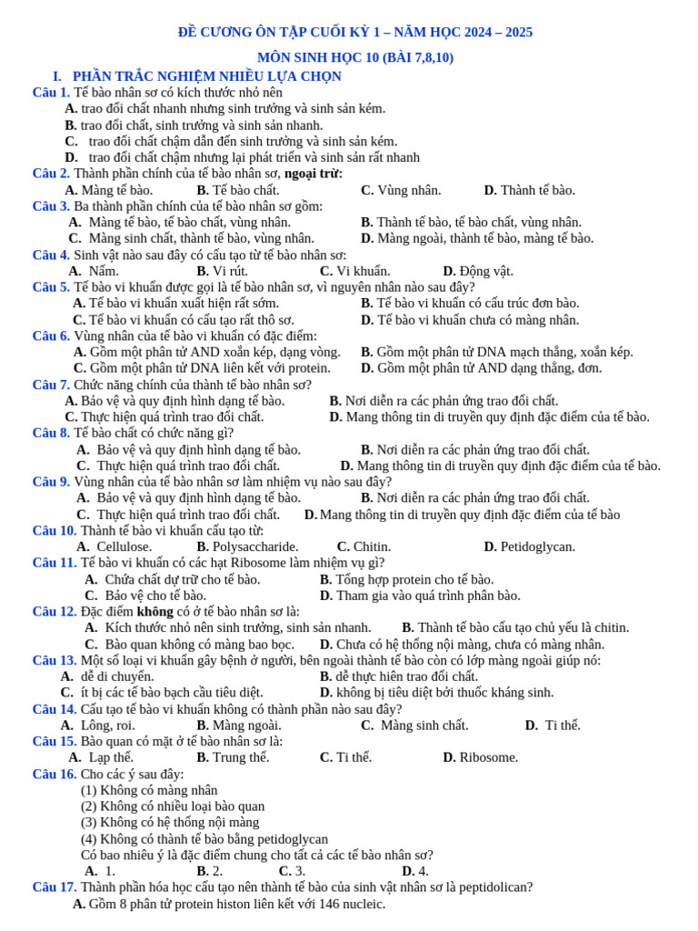 Đề Cương Ôn Tập CK1-Sinh Học 10 HS | PDF