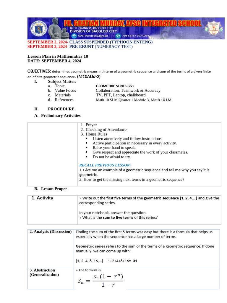 LP_ lesson8_Geometric Sequence- SERIES_GeometricSummative_September2-5 | PDF | Summation | Sequence