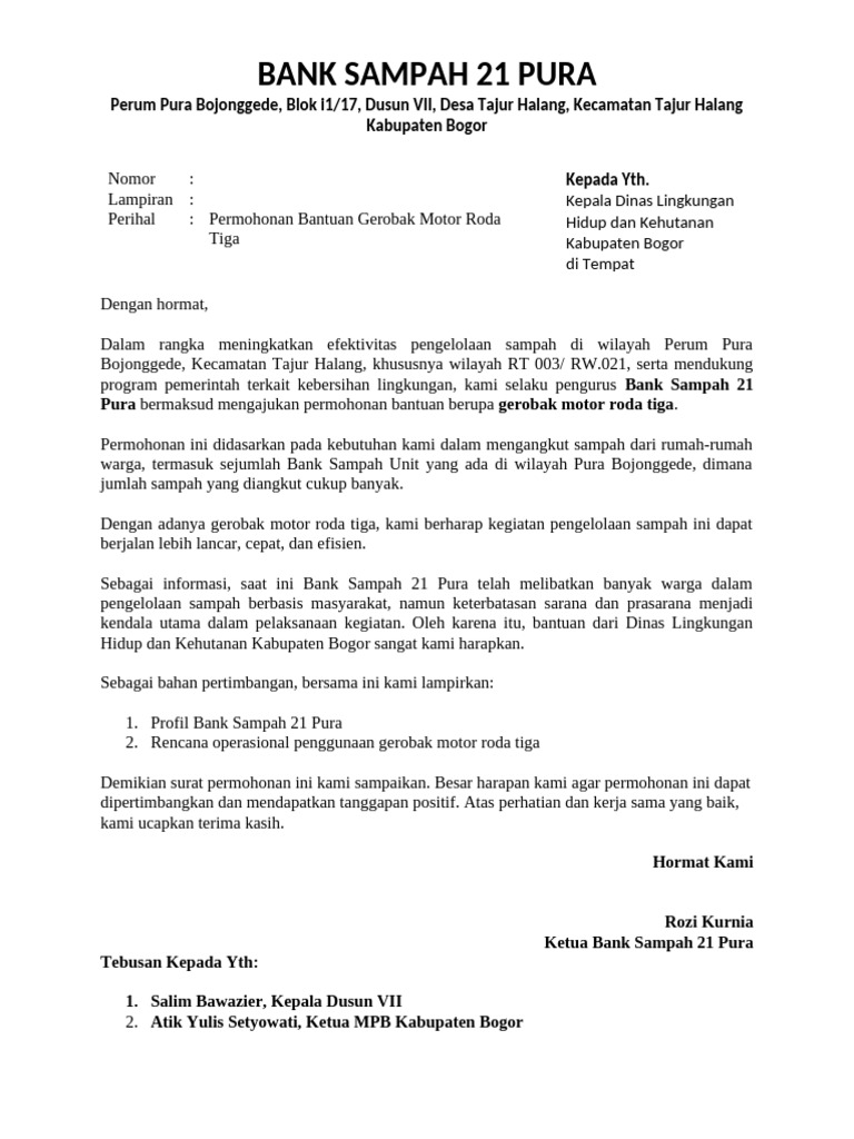 Draft Surat Permohonan Bantuan Motor Roda Tiga Pengangkut Sampah | PDF