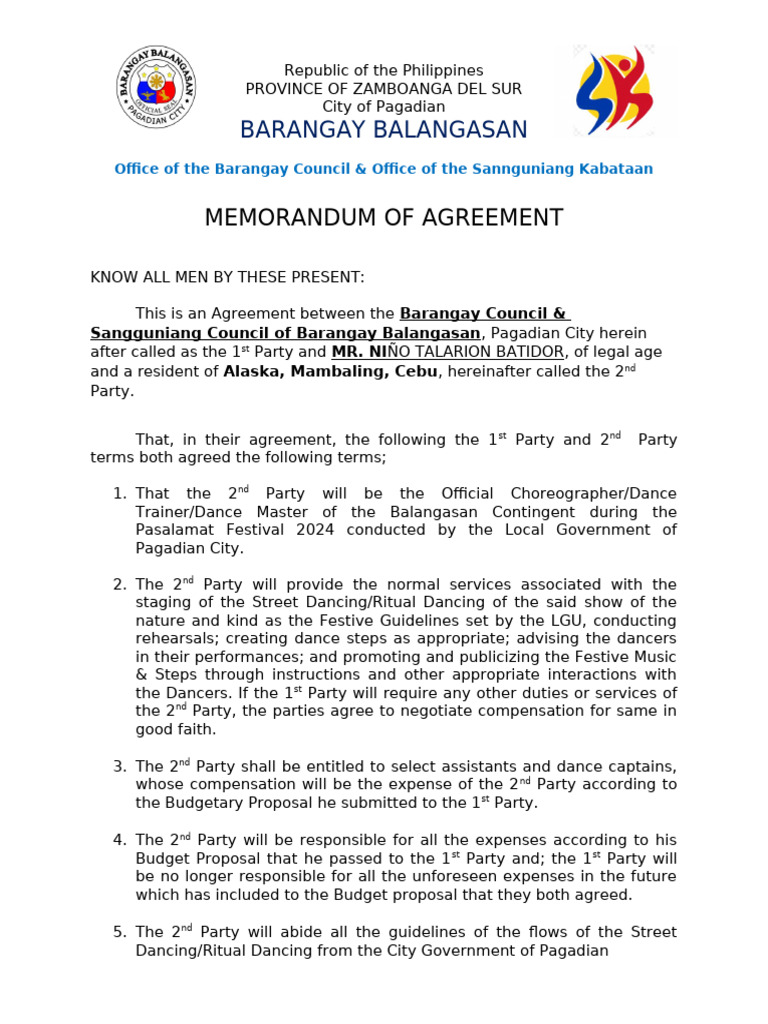 Memorandum of Agreement - Pasalamat Festival | PDF | Arbitration | Judiciaries