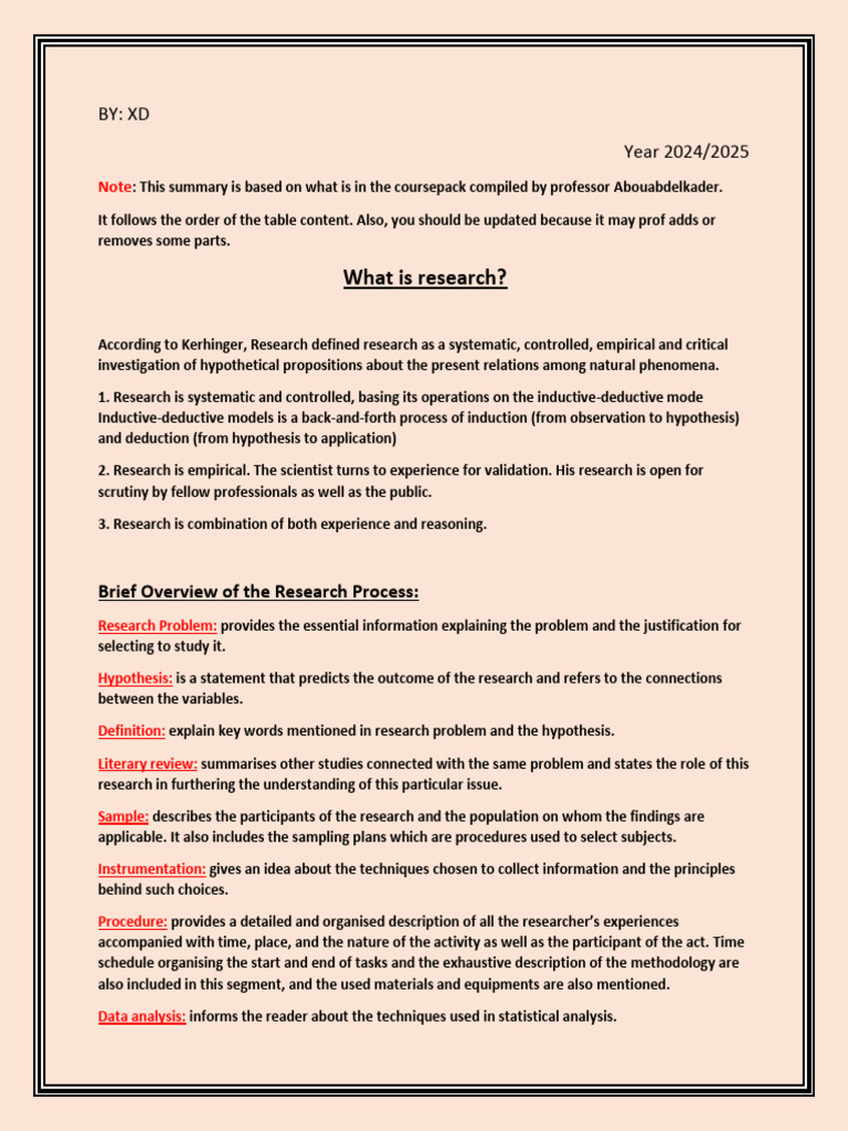 Research Method Summary 2024 by XD-1 | PDF | Hypothesis | Methodology