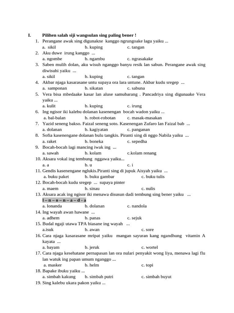 Soal B Jawa PAS Ganjil kls 1 2024 (1) (1) | PDF