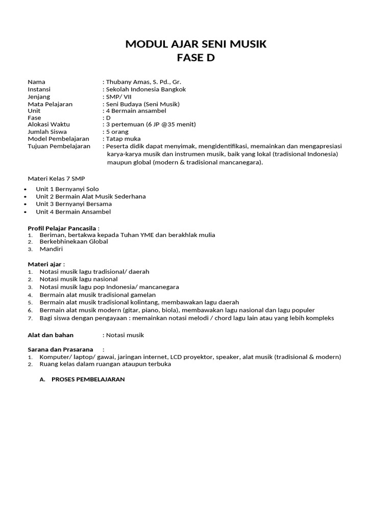 Seni Budaya Modul Ajar Seni Musik Fase D Kelas 7 SMP | PDF