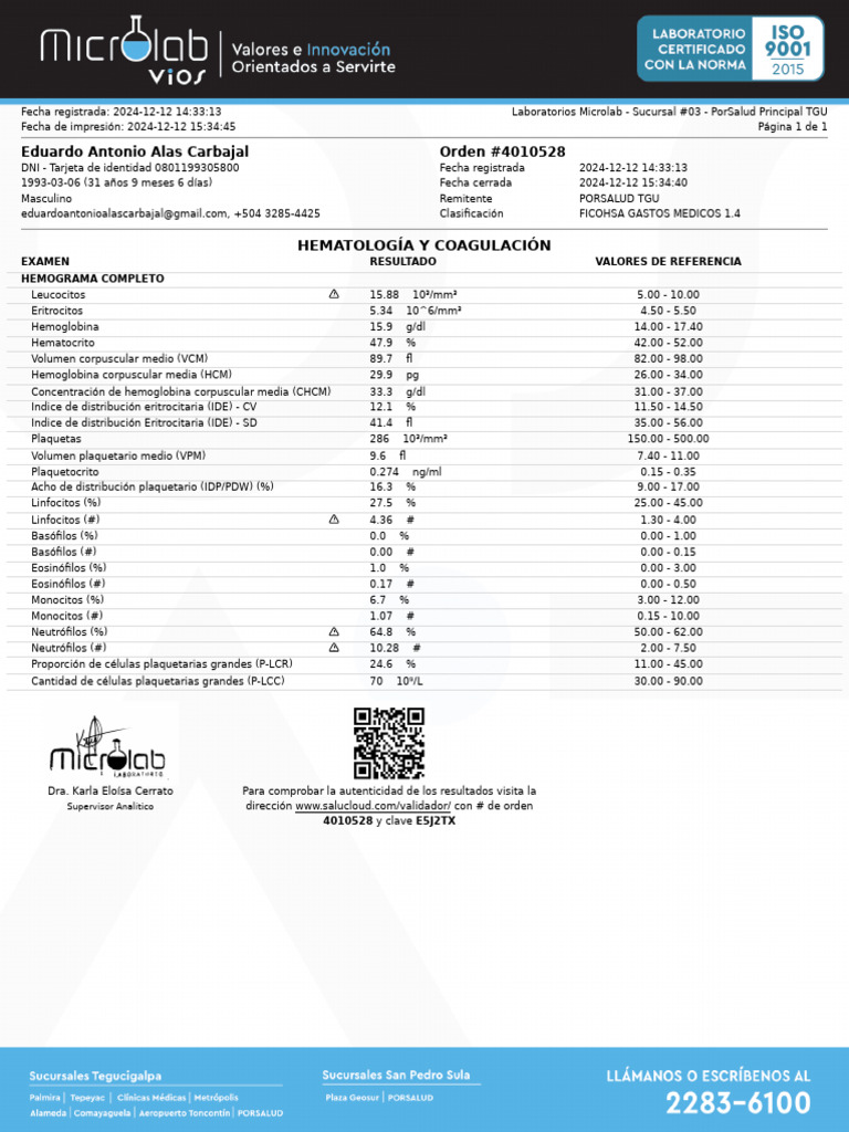 Orden #4010528 - Eduardo Antonio Alas Carbajal | PDF | Hematología | Especialidades Medicas