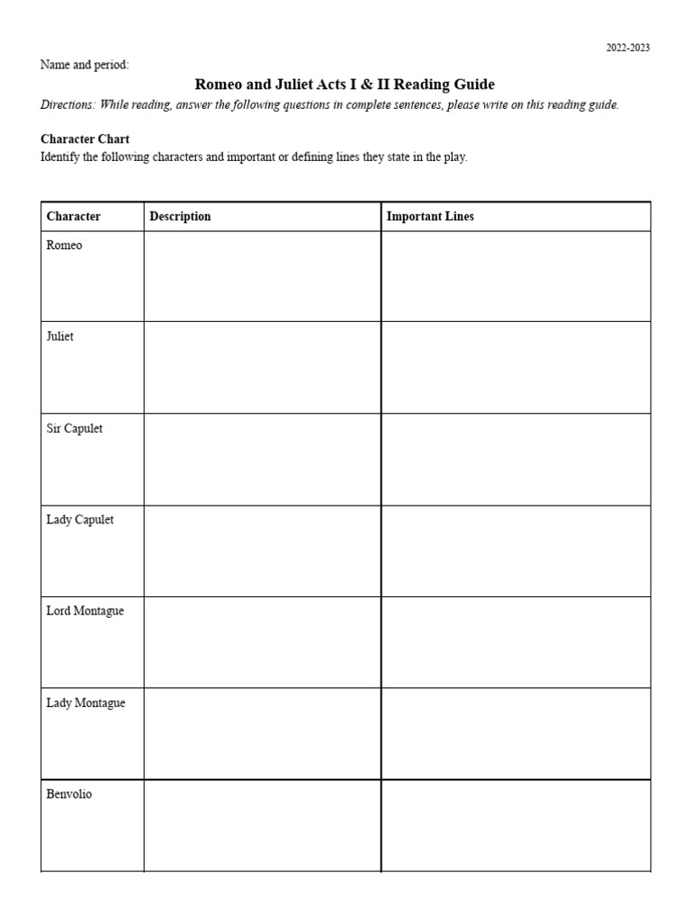 2022-2023 Romeo & Juliet Act I & II Reading Guide - Homework Points ...