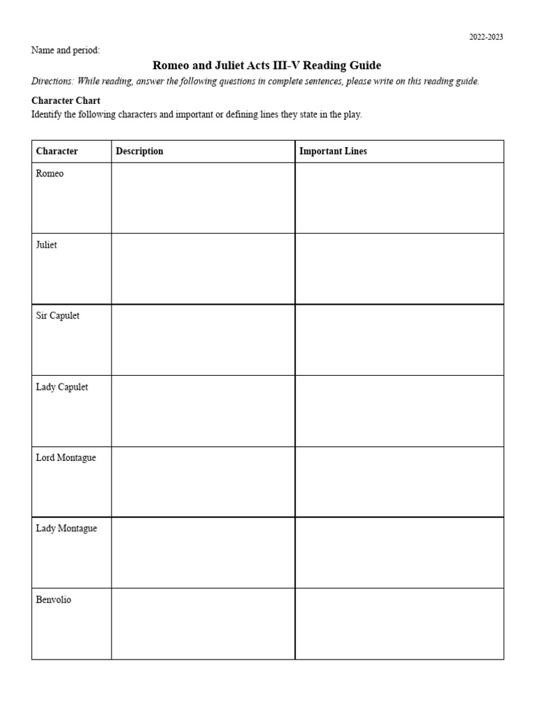 2022-2023 Romeo & Juliet Acts III-V Reading Guide - Homework Points ...
