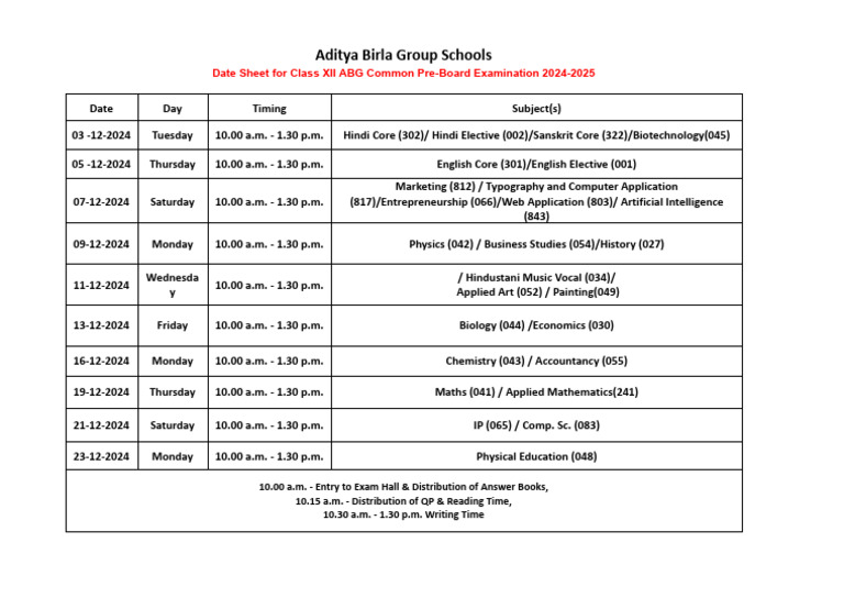 Class XII Pre-Board Exam Schedule 2024 | PDF