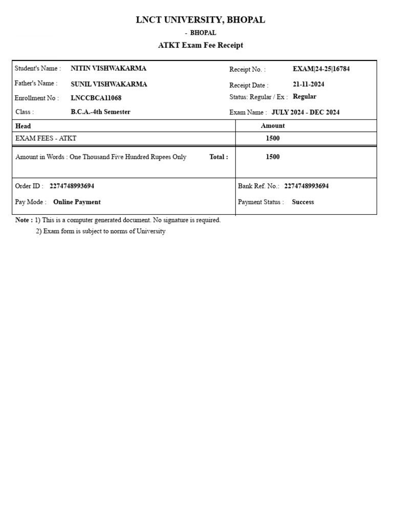 LNCT University, Bhopal: ATKT Exam Fee Receipt | PDF