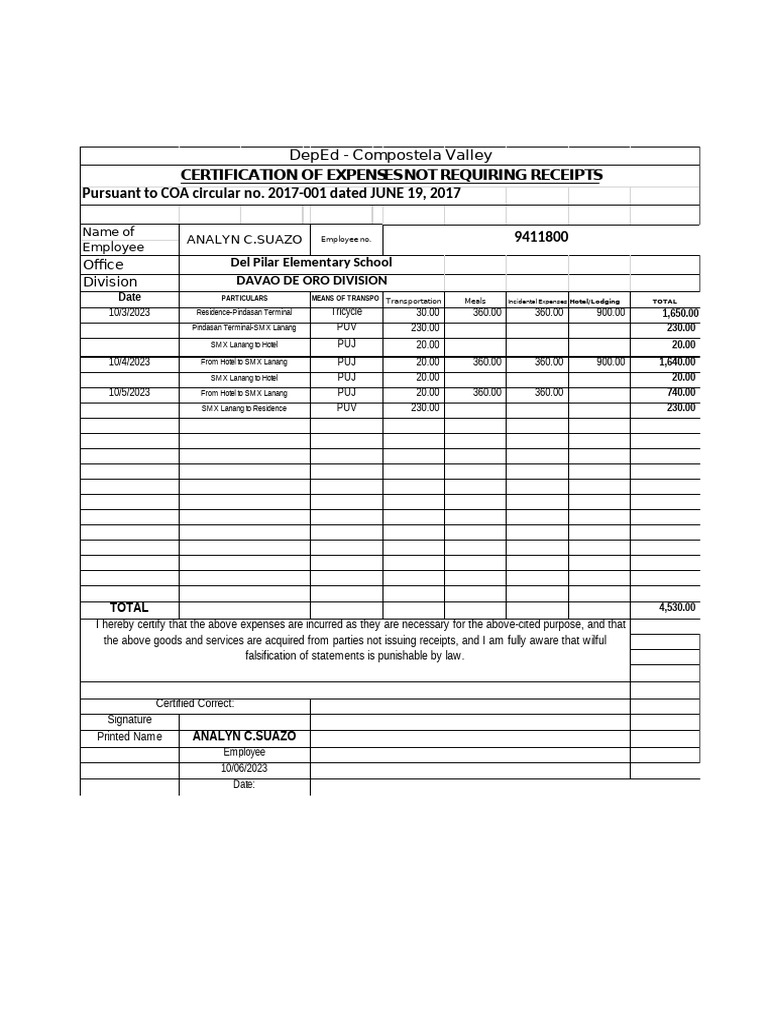 Expense Certification for Travel | PDF