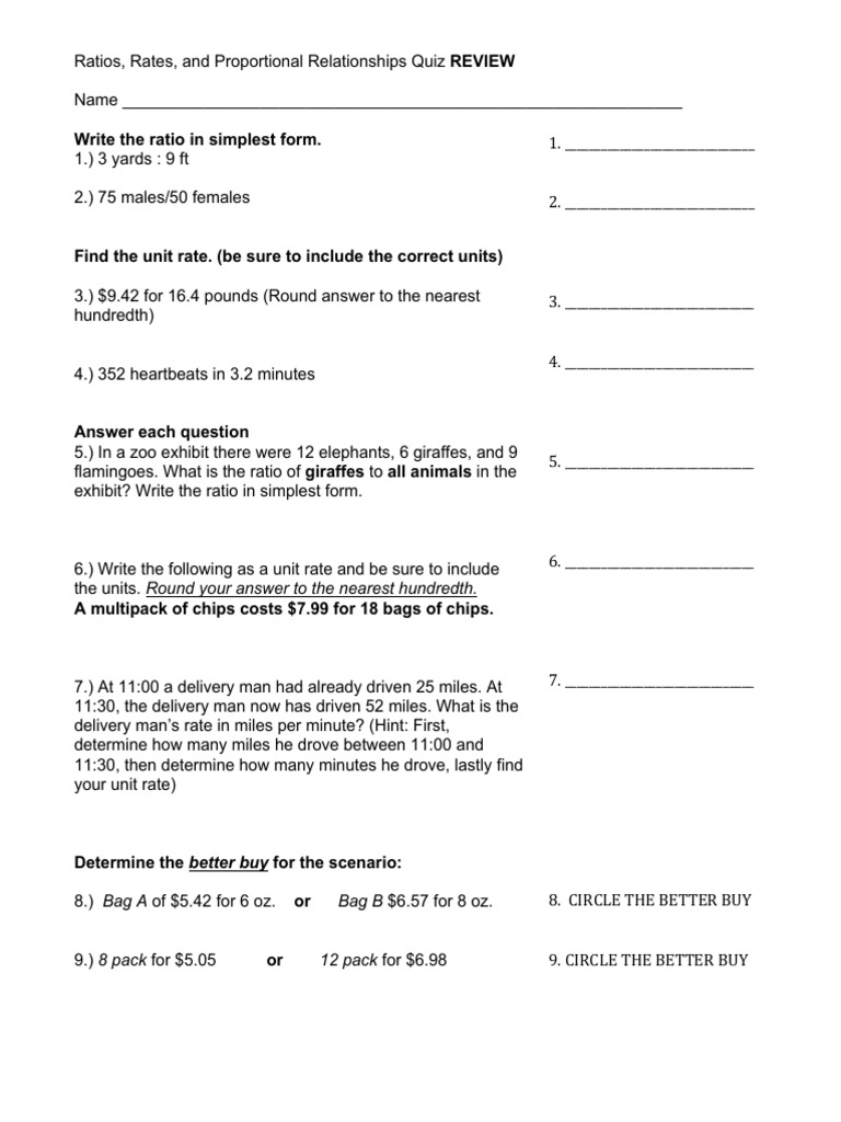Ratios and Rates Quiz Review Guide | PDF