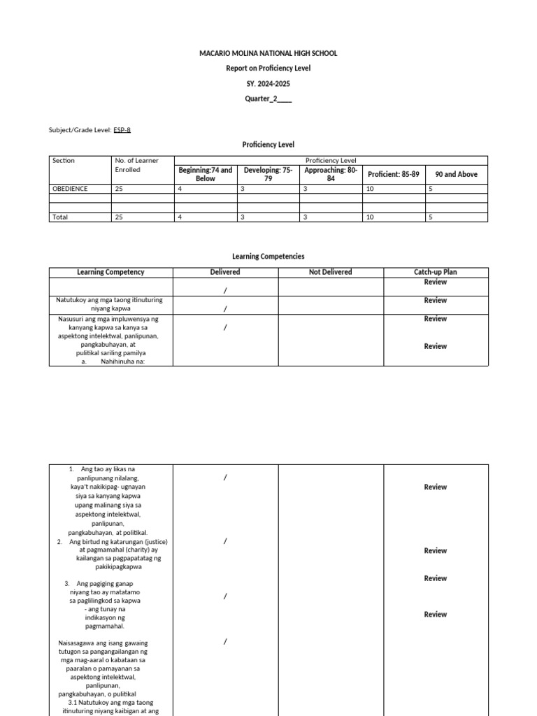 Proficiency Level Report 2024 2025 | PDF