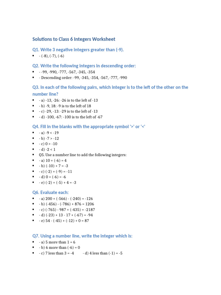 Class6 Integers Solutions | PDF