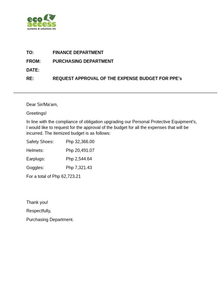 REQUEST LETTER - PPE Budget | PDF