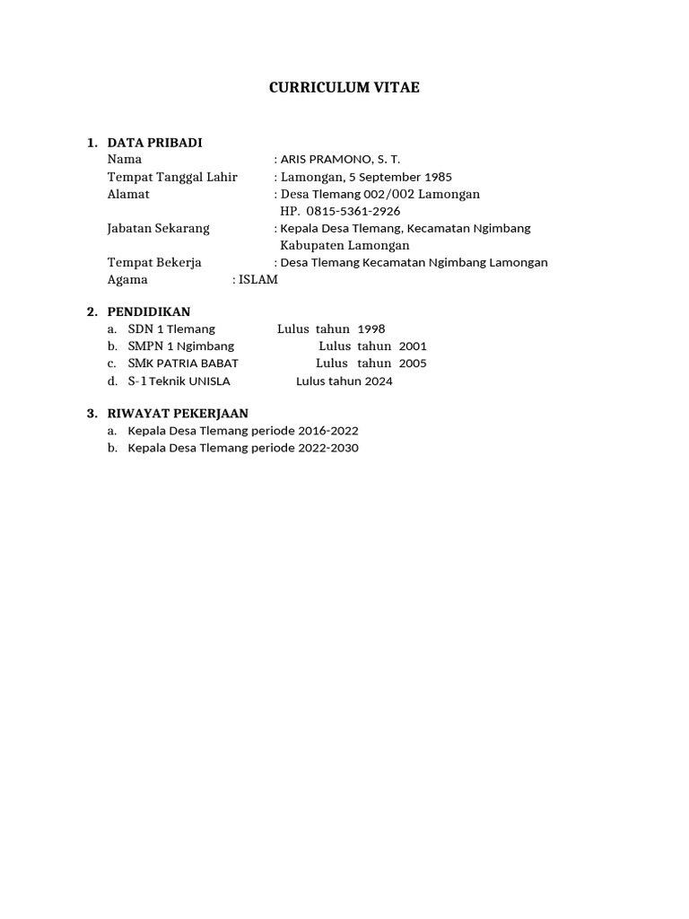 CV Aris Pramono, S. T | PDF
