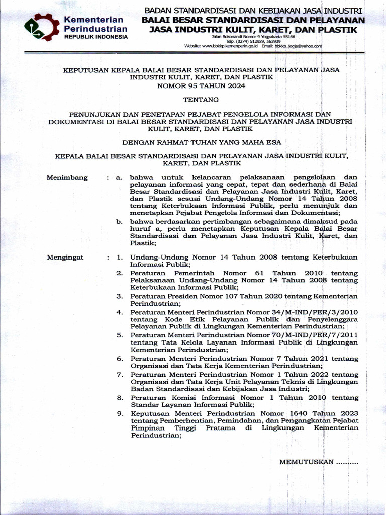 Kep. 95 Penunjukan Tim PPID BBSPJIKKP 2024 - (Apr 2024) | PDF