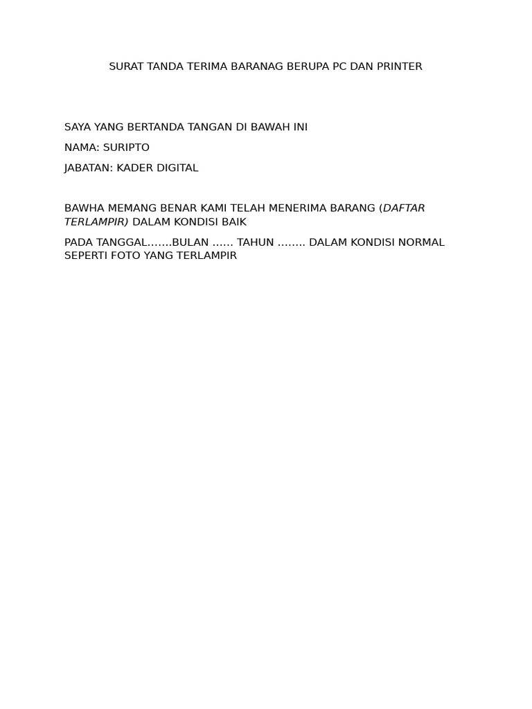 Surat Tanda Terima Baranag Berupa PC Dan Printer | PDF