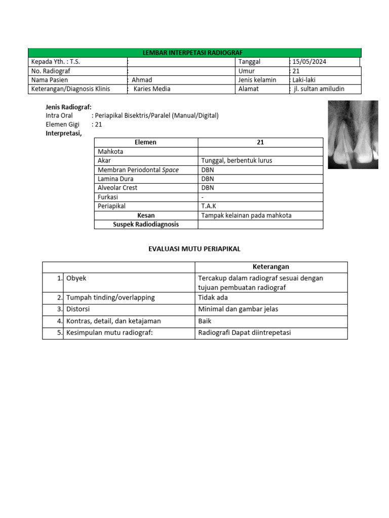 Lembar Interpretasi Periapikal 1 Gigi (21) - Lute | PDF
