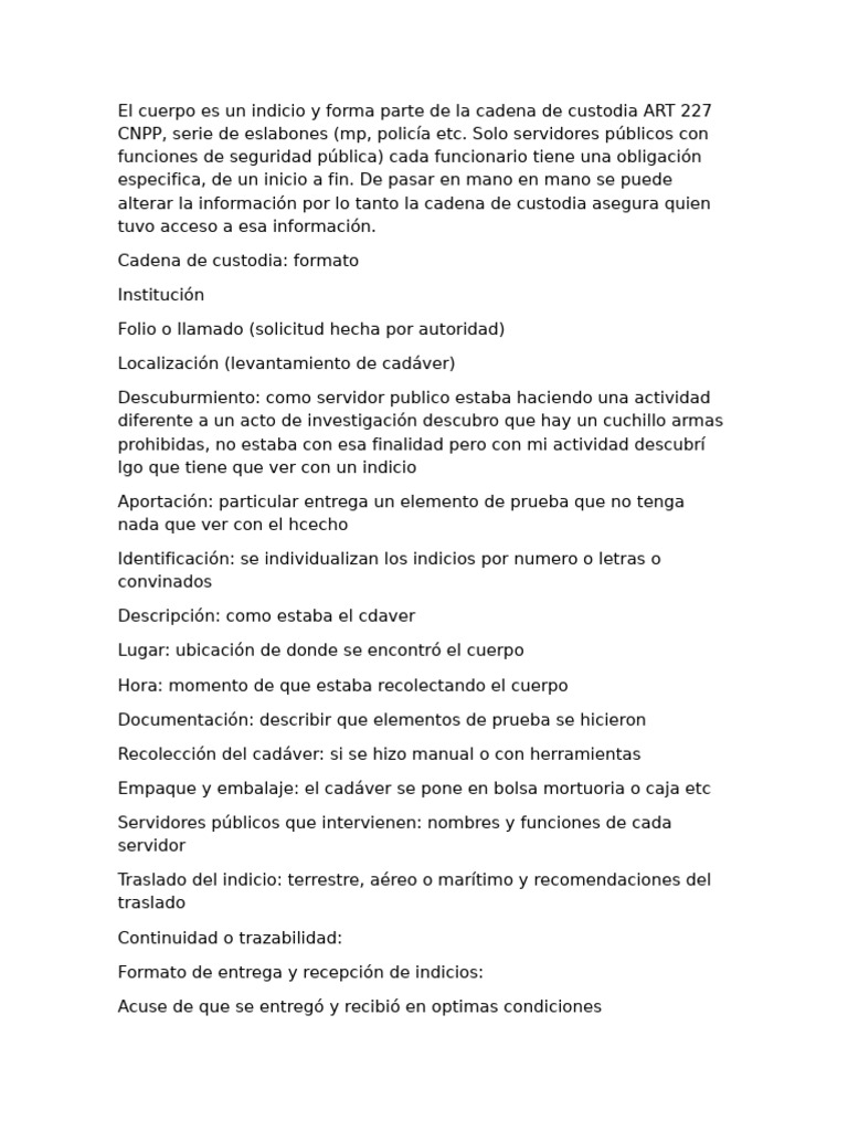 Cadena De Custodia Proceso Y Formato Pdf