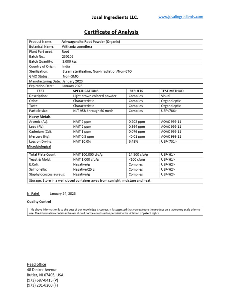 COA-Ashwagandha Root Powder Organic (230102) COA QC | PDF