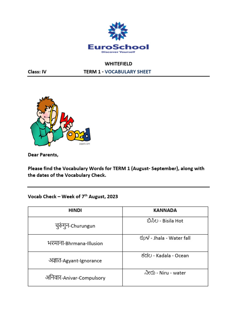Grade 4 Vocab Check Term 1 ( August-September) Hin_230815_150009 | PDF | Language Families ...