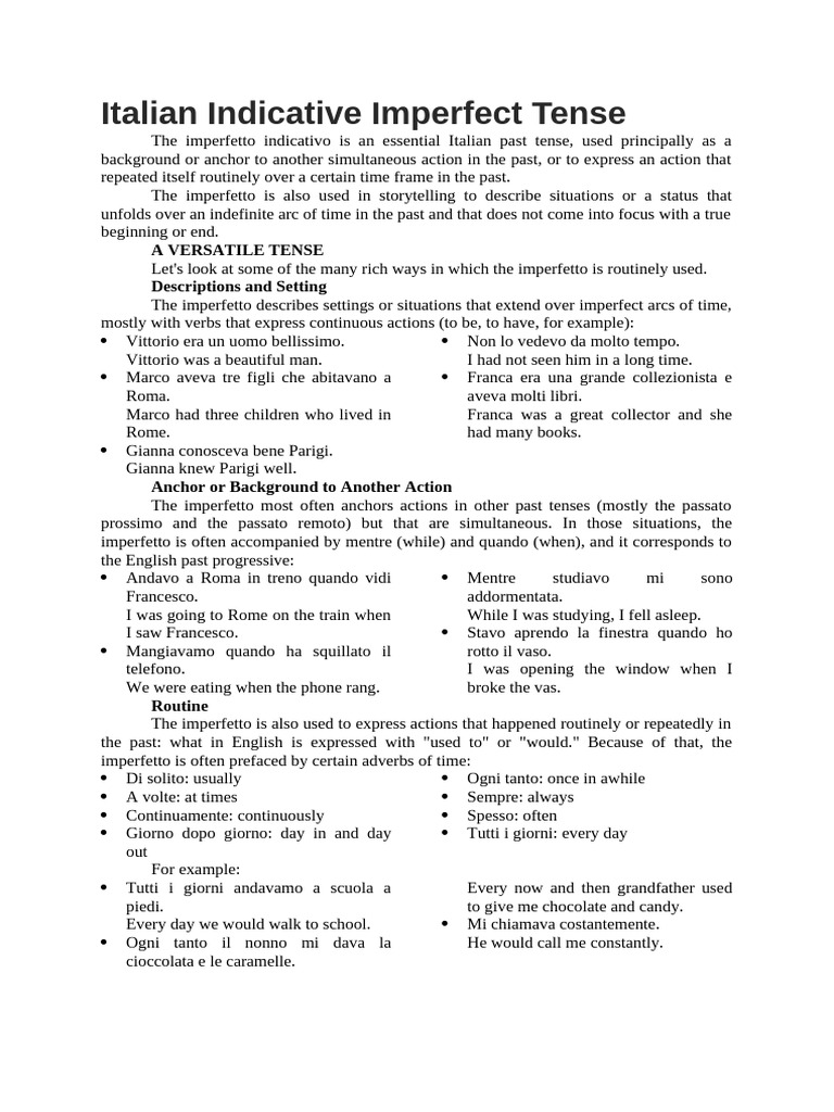 Italian Indicative Imperfect Tense | PDF | Language Mechanics | Linguistics
