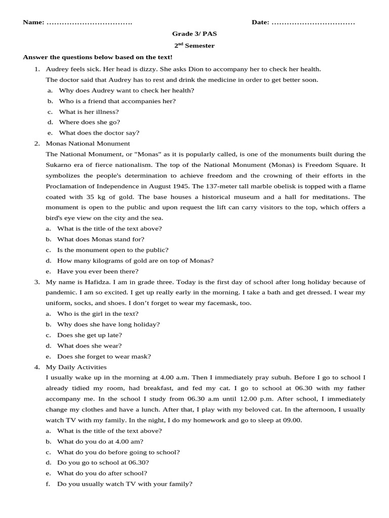 Grade 3, Exercise, Pas, Text, Semester 2 | PDF