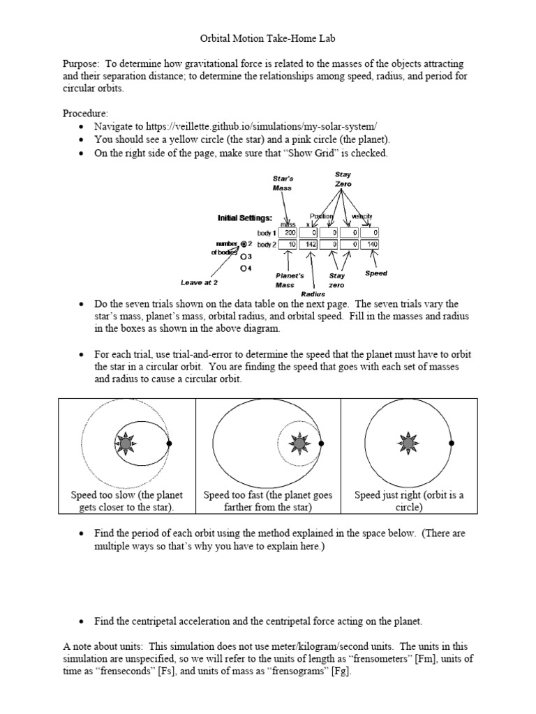 Orbital Motion Simulation Lab Guide | PDF | Orbit | Mass